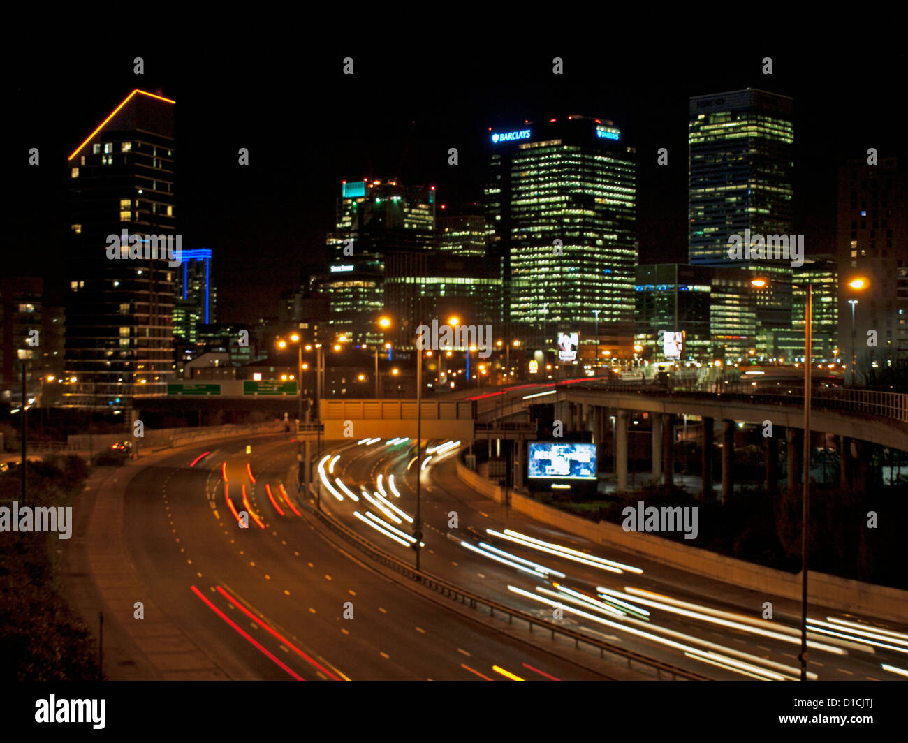 View of Canary Wharf skyscrapers at night from East India DLR Station ...