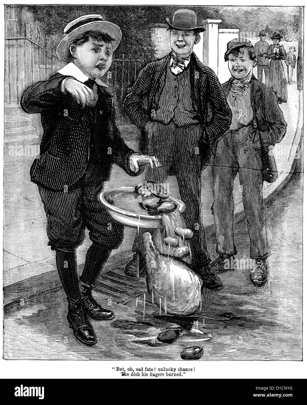 Victorian engraving of dropping a hot plate of food on the floor, 1897 ...