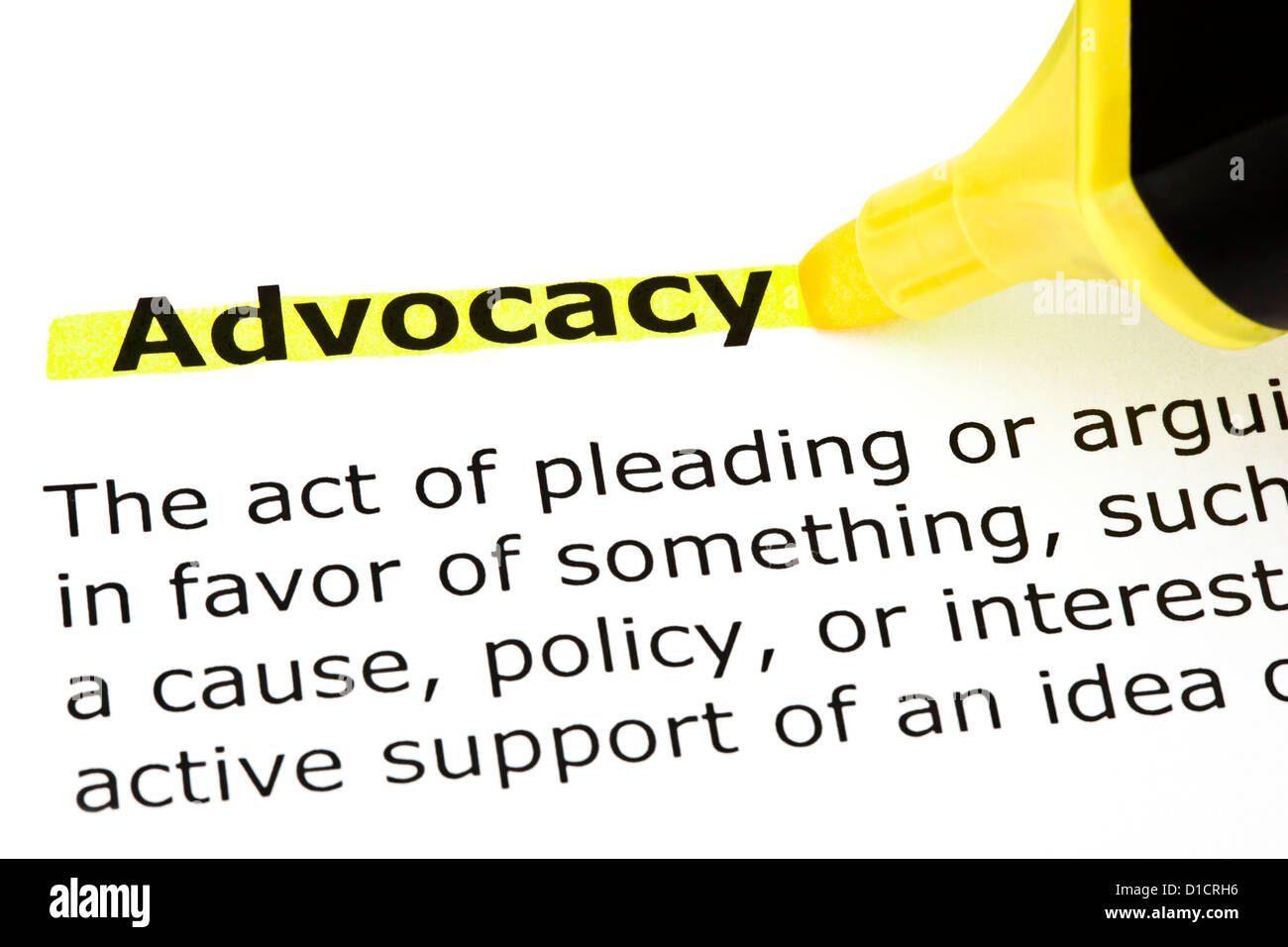 Definition of Advocacy highlighted with yellow felt tip pen Stock Photo ...