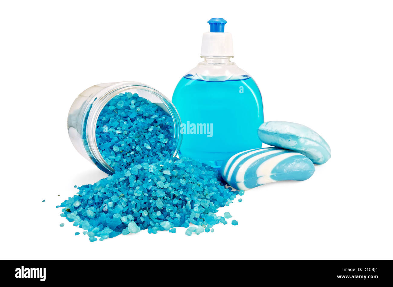 Blue liquid soap in a bottle, solid blue striped and mottled soap, bath ...