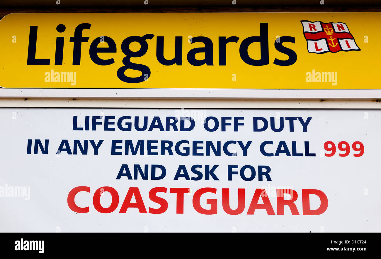 Lifeguard and coastguard sign, Greve de Leque, Jersey, Channel Islands ...