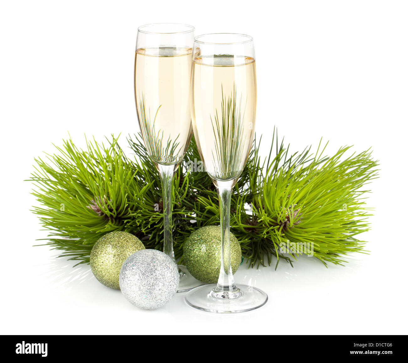 Champagne, fir tree and christmas decor. Isolated on white background ...