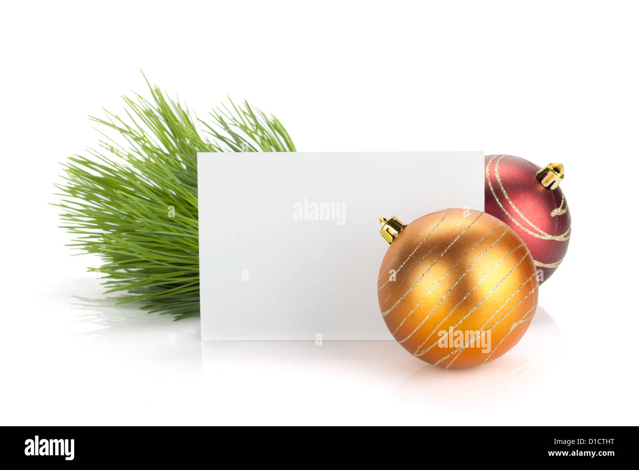 Empty gift card and christmas decor. Isolated on white background Stock ...