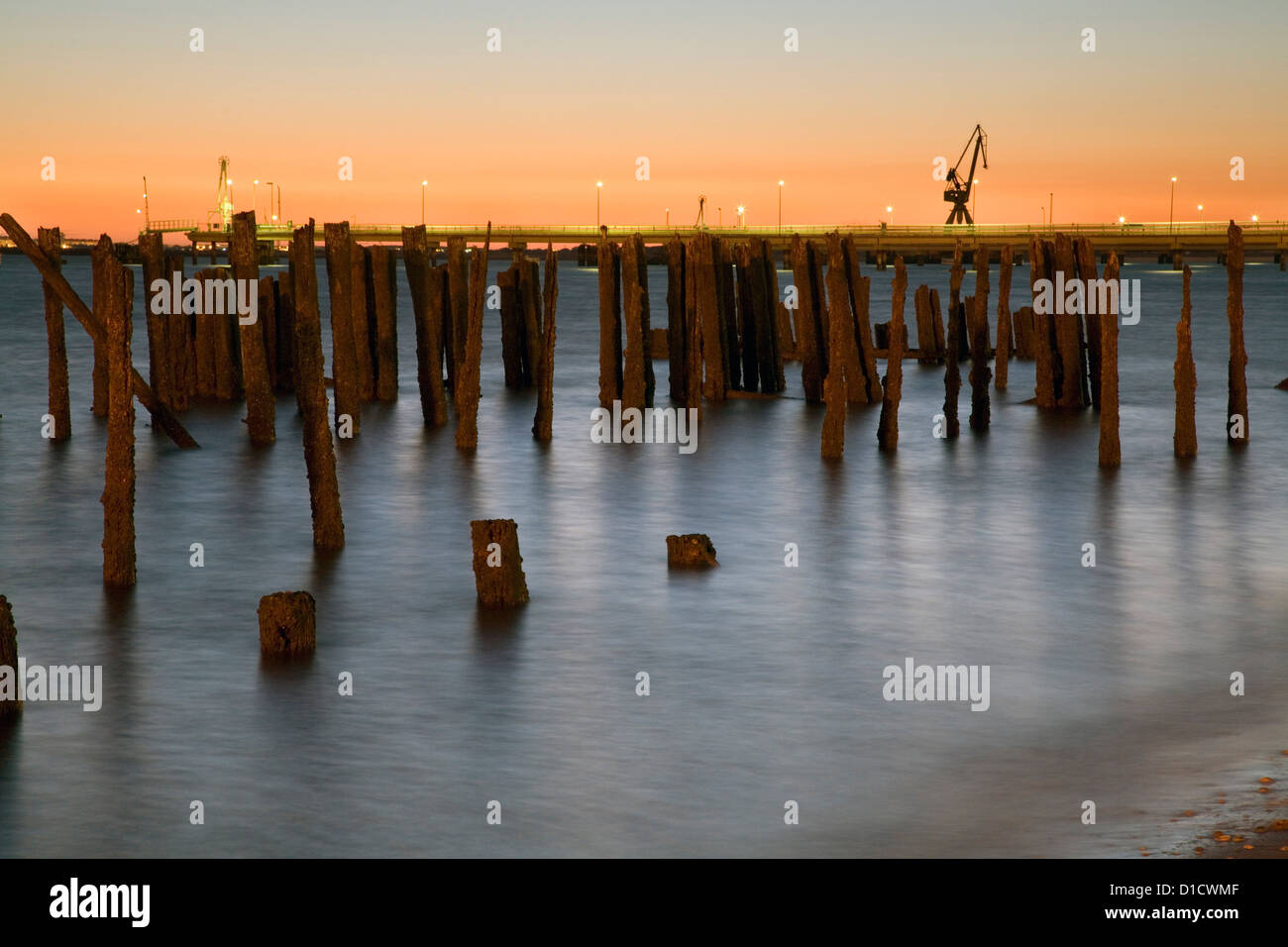 Huelva, Spain, old piles in the sea, in the background a ...