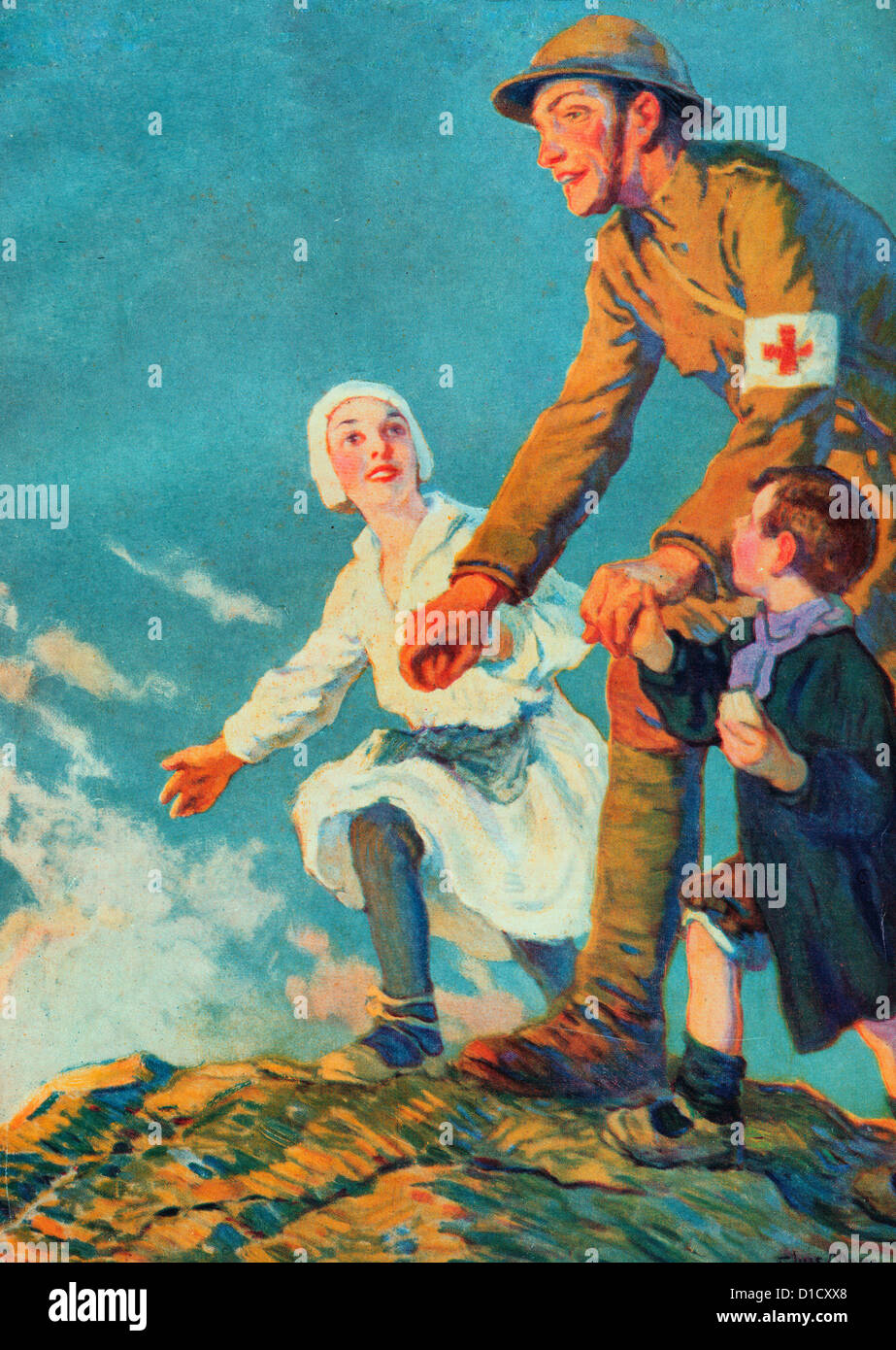 Red Cross medic running with a young boy and girl, World War I Stock ...