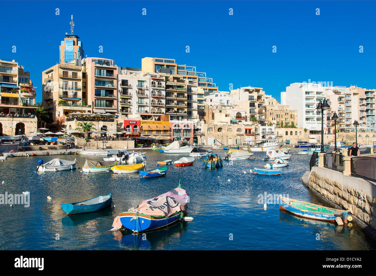 Spinola Bay with restaurants, St. Julian`s, Malta, Mediterranean ...