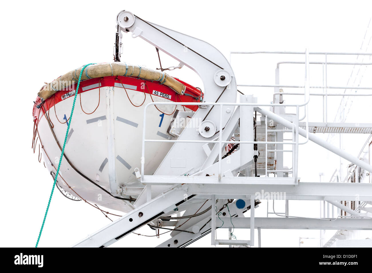 White rescue boat on passenger ferry above white background Stock Photo ...