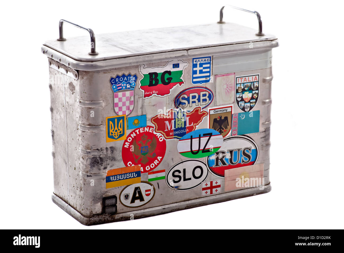 Country abbreviations stickers on a metal suitcase Stock Photo - Alamy