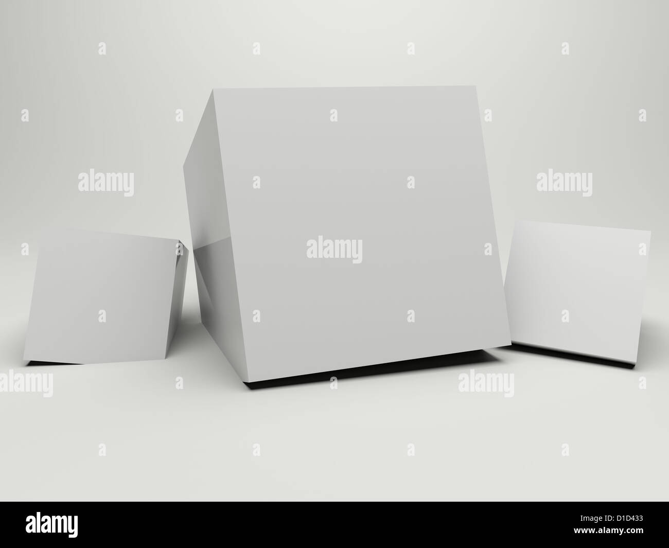 3d render illustration of three white boxes for background or backdrop ...