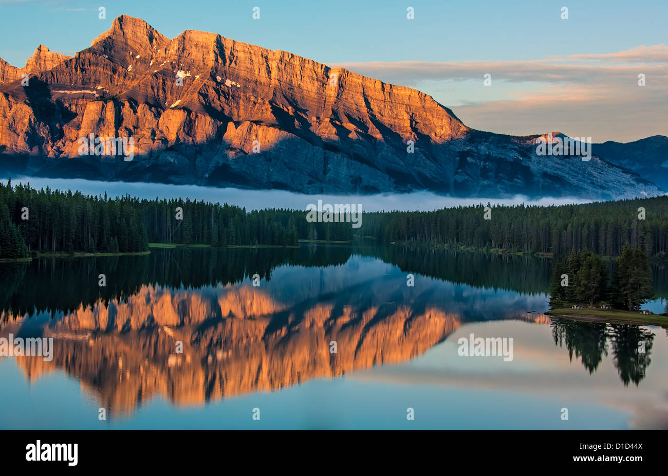 View across two jack lake from Lake Minnewanka Scenic Drive at sunrise ...