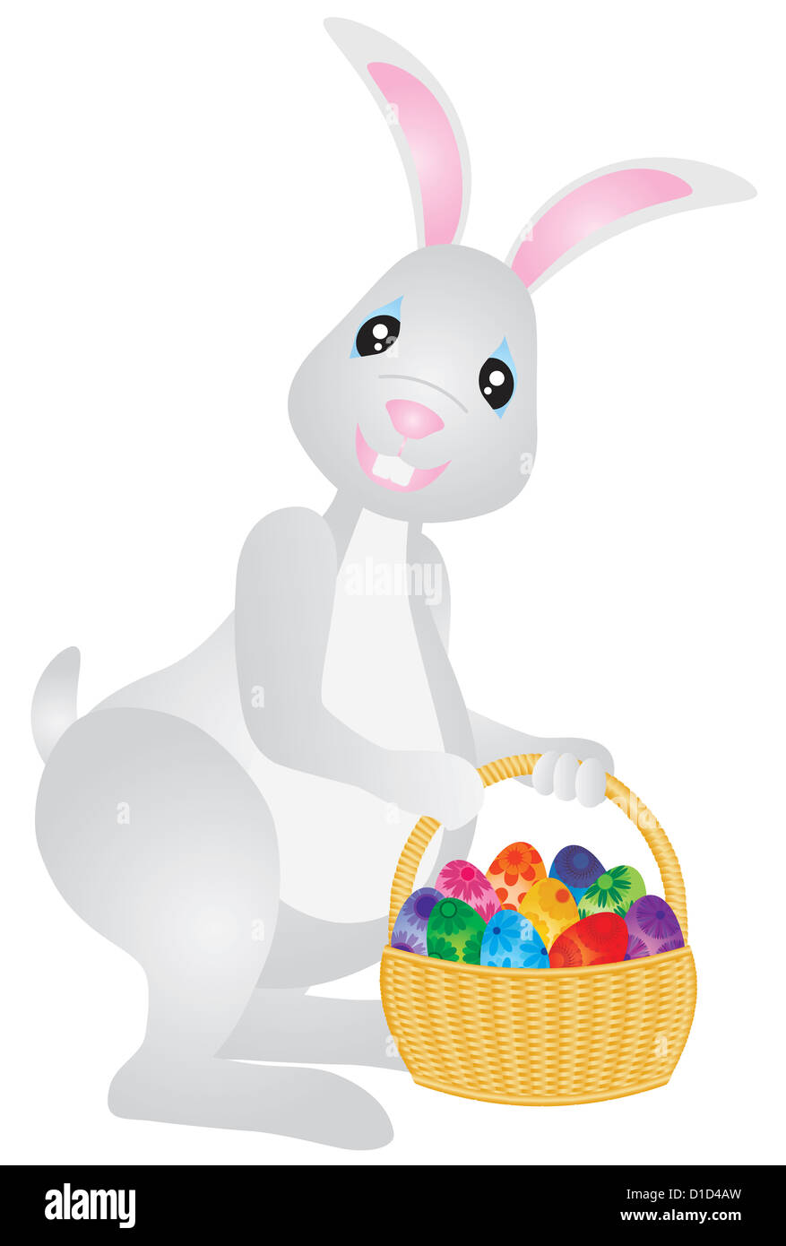 Happy Easter Day Bunny Rabbit with Basket of Colorful Eggs Illustration ...