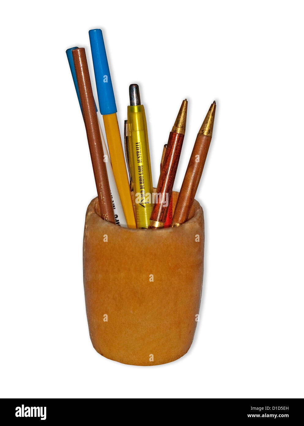 Pens and pencils in wooden pot against a white background Stock Photo ...