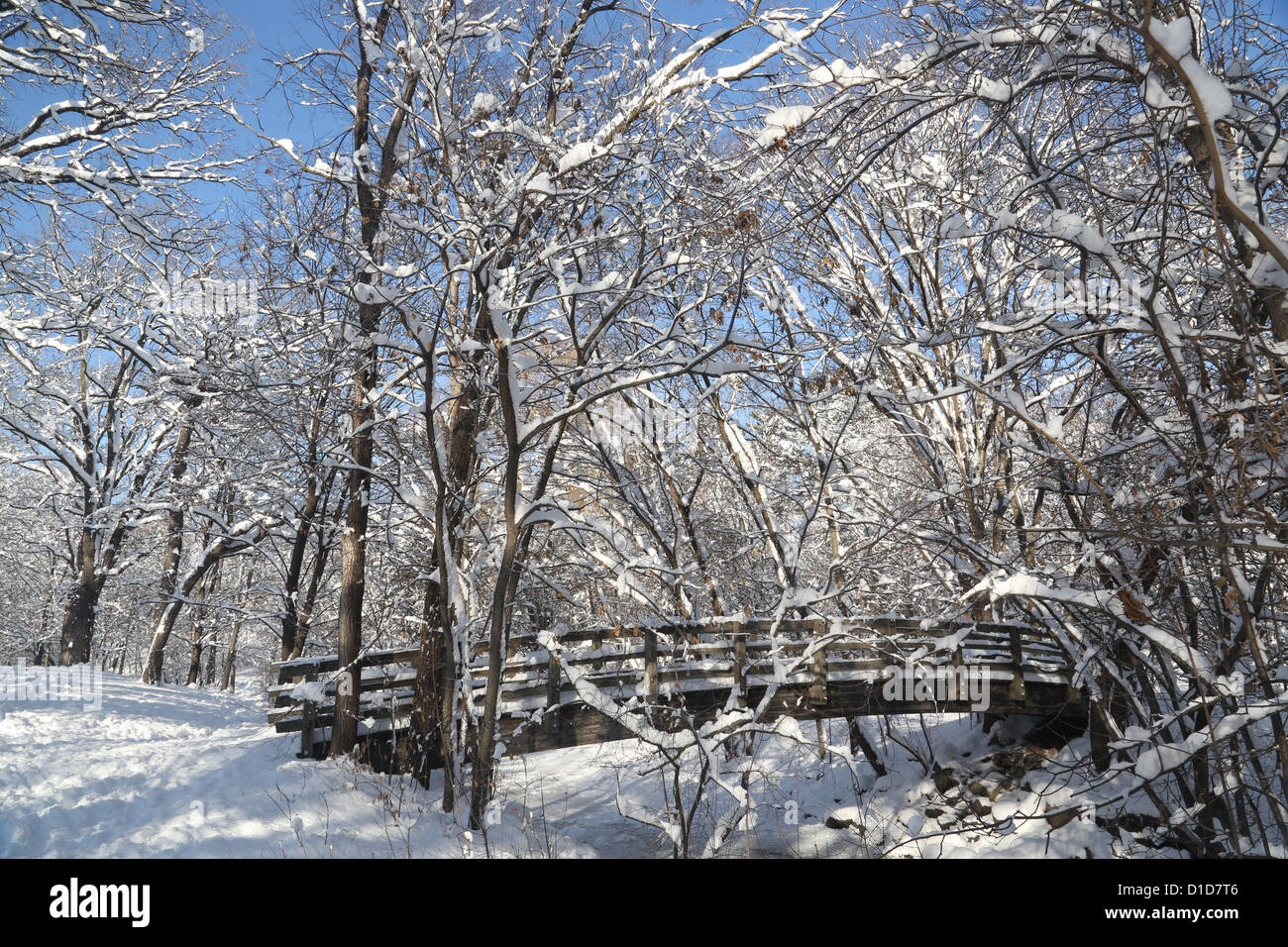 A foot bridge covered in snow in a park in Minneapolis Stock Photo - Alamy