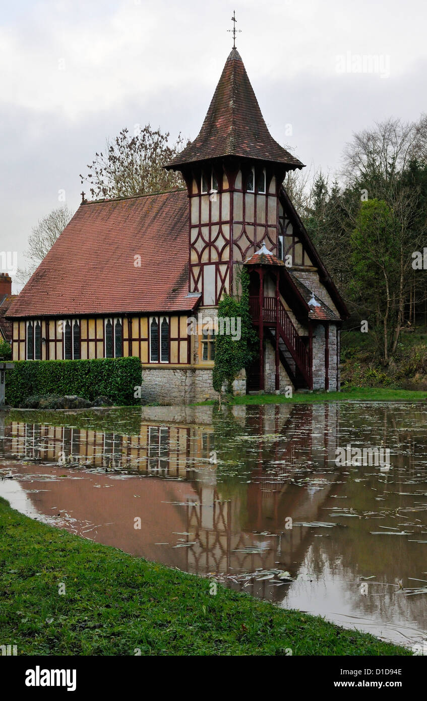 Old Church at Rickford with reflection in pond. Blagdon, Somerset Stock ...
