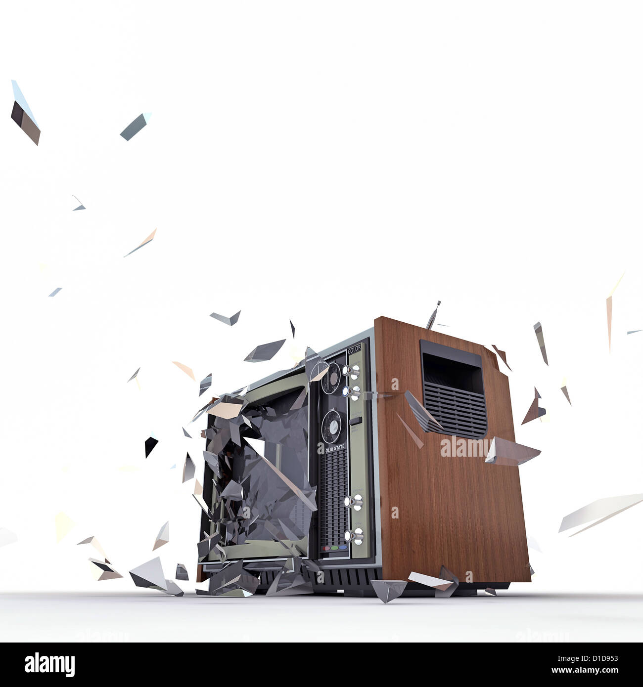 tv exploding isolated on white background Stock Photo - Alamy