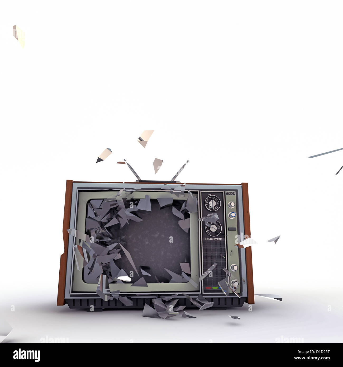 tv exploding isolated on white background Stock Photo - Alamy
