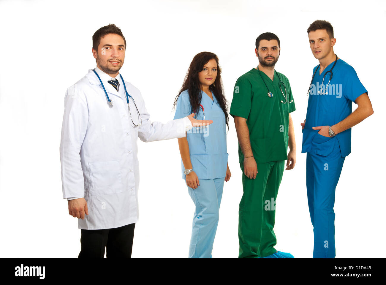 Hospital manager presenting his doctors team isolated on white ...