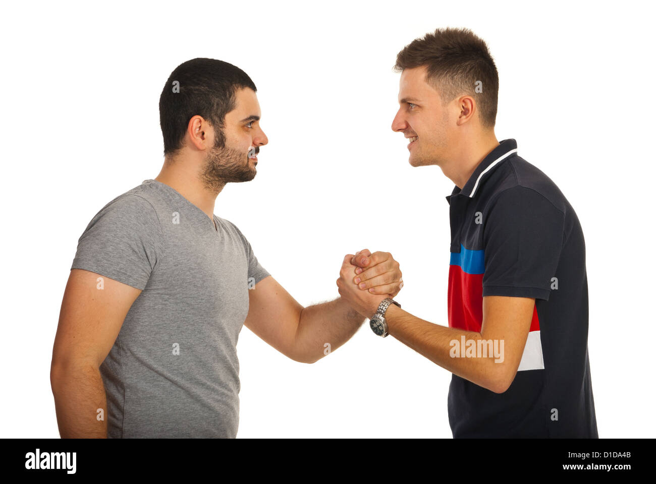 Meeting of two friends guys giving handshake isolated on white ...