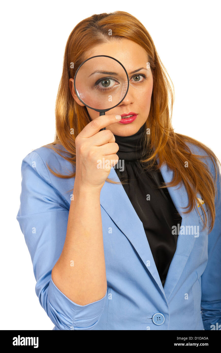 Business woman looking through magnifier isolated on white background ...