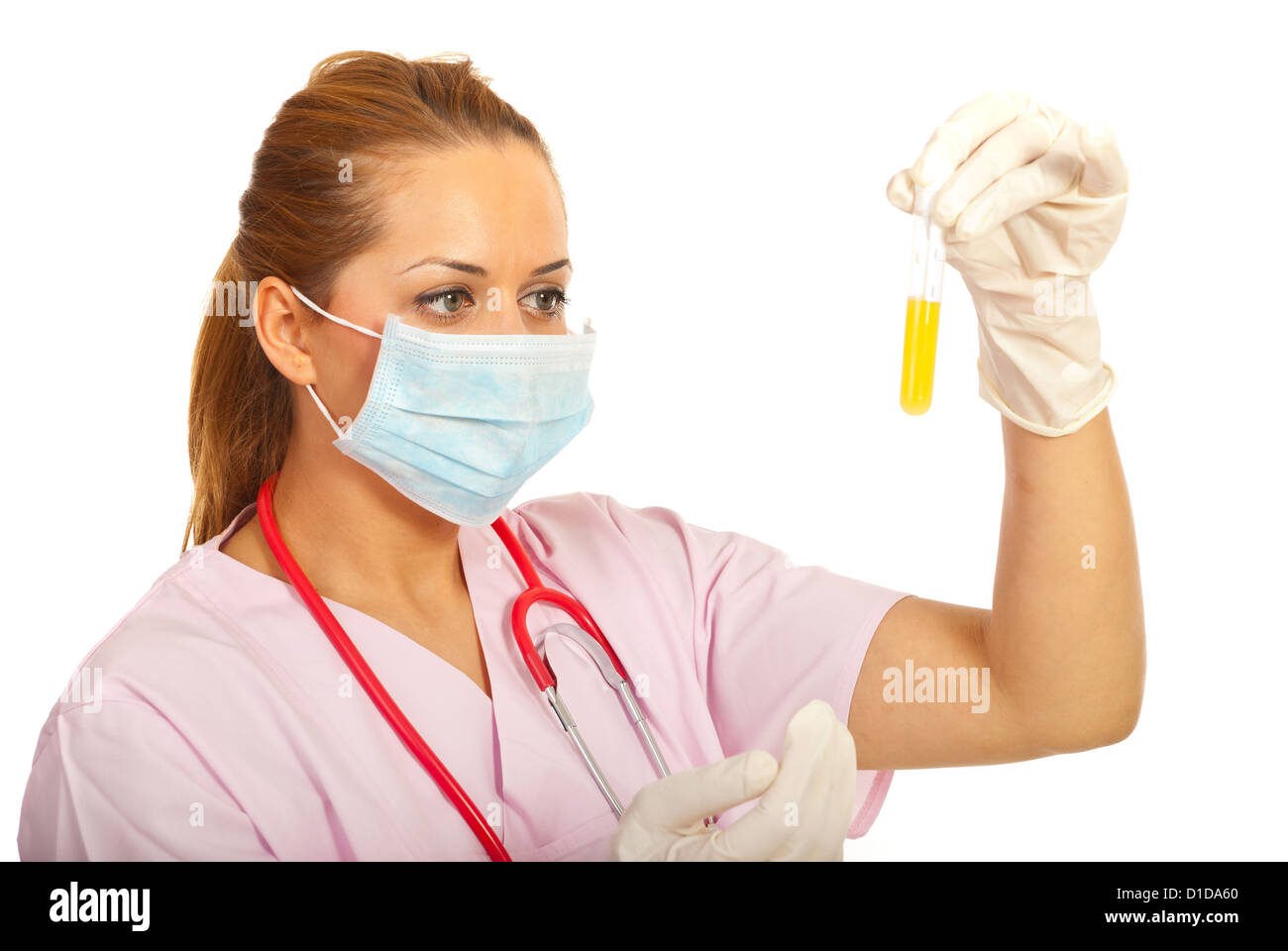 Doctor woman holding urine test tube isolated on white background Stock ...