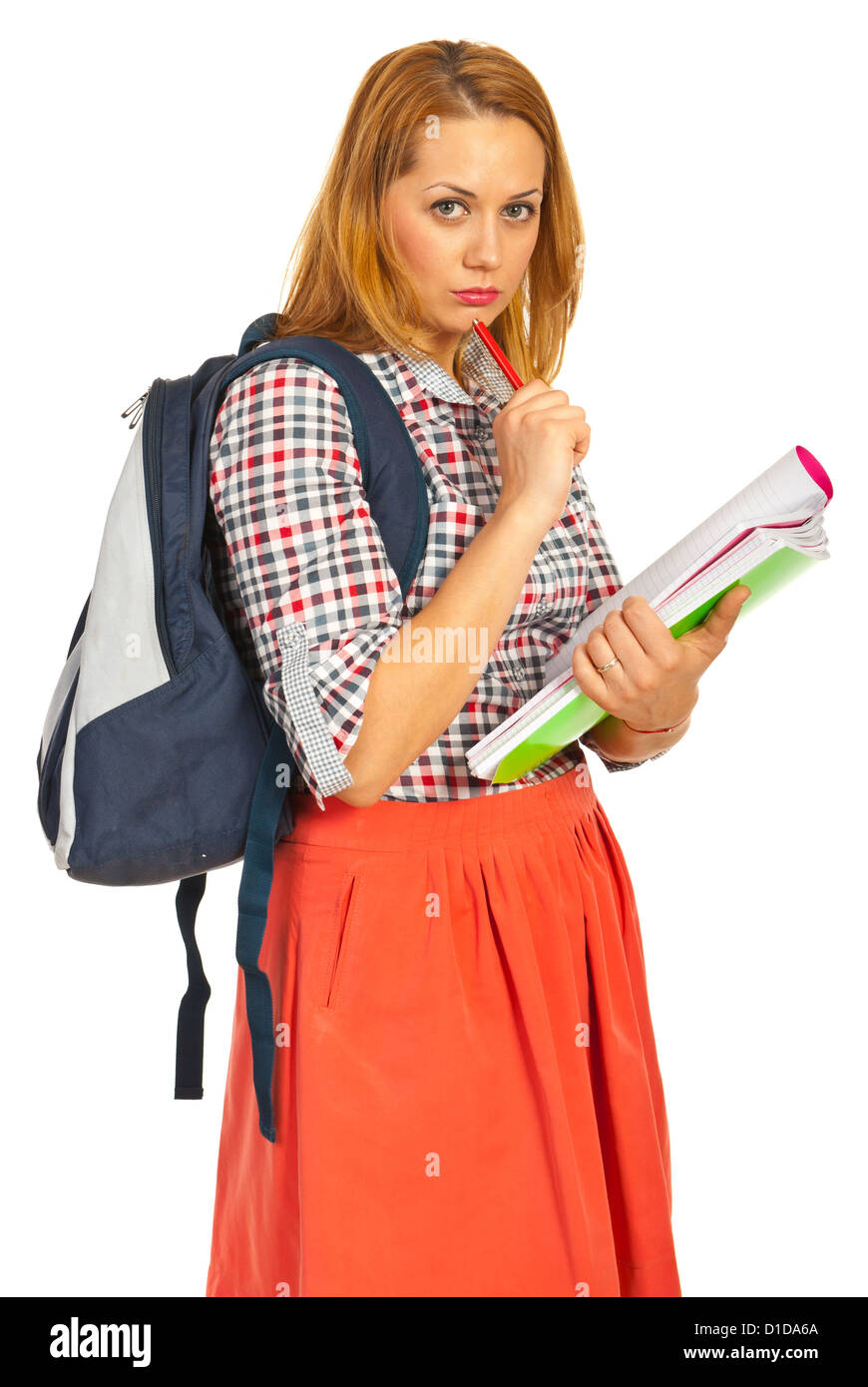 Thinking students woman holding notebooks isolated on white background ...