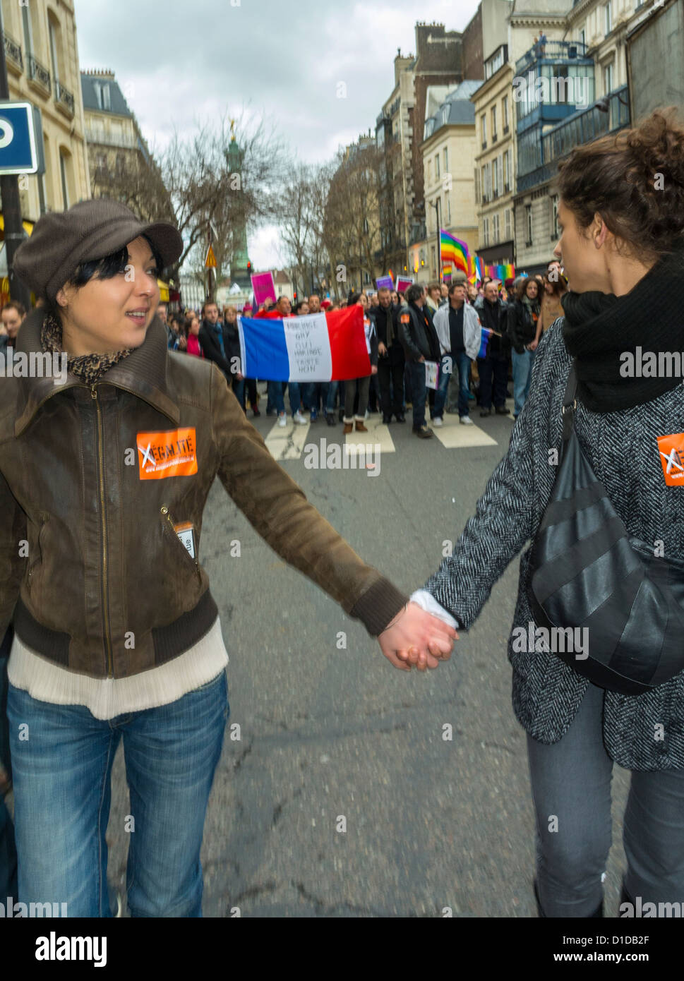Paris, France, Lesbian Couple Holding Hands protest, Marching in Pro ...