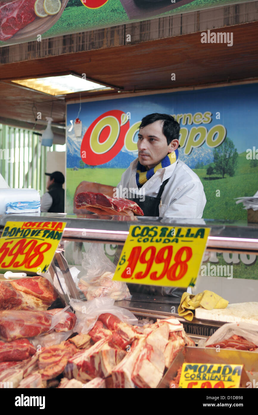 Butcher at work in La Vega Market, Santiago, Chile, South America Stock ...