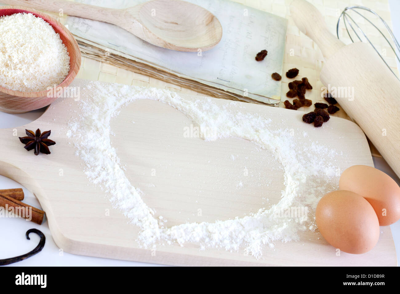 Heart of the flour baking background concept with recipe Stock Photo ...