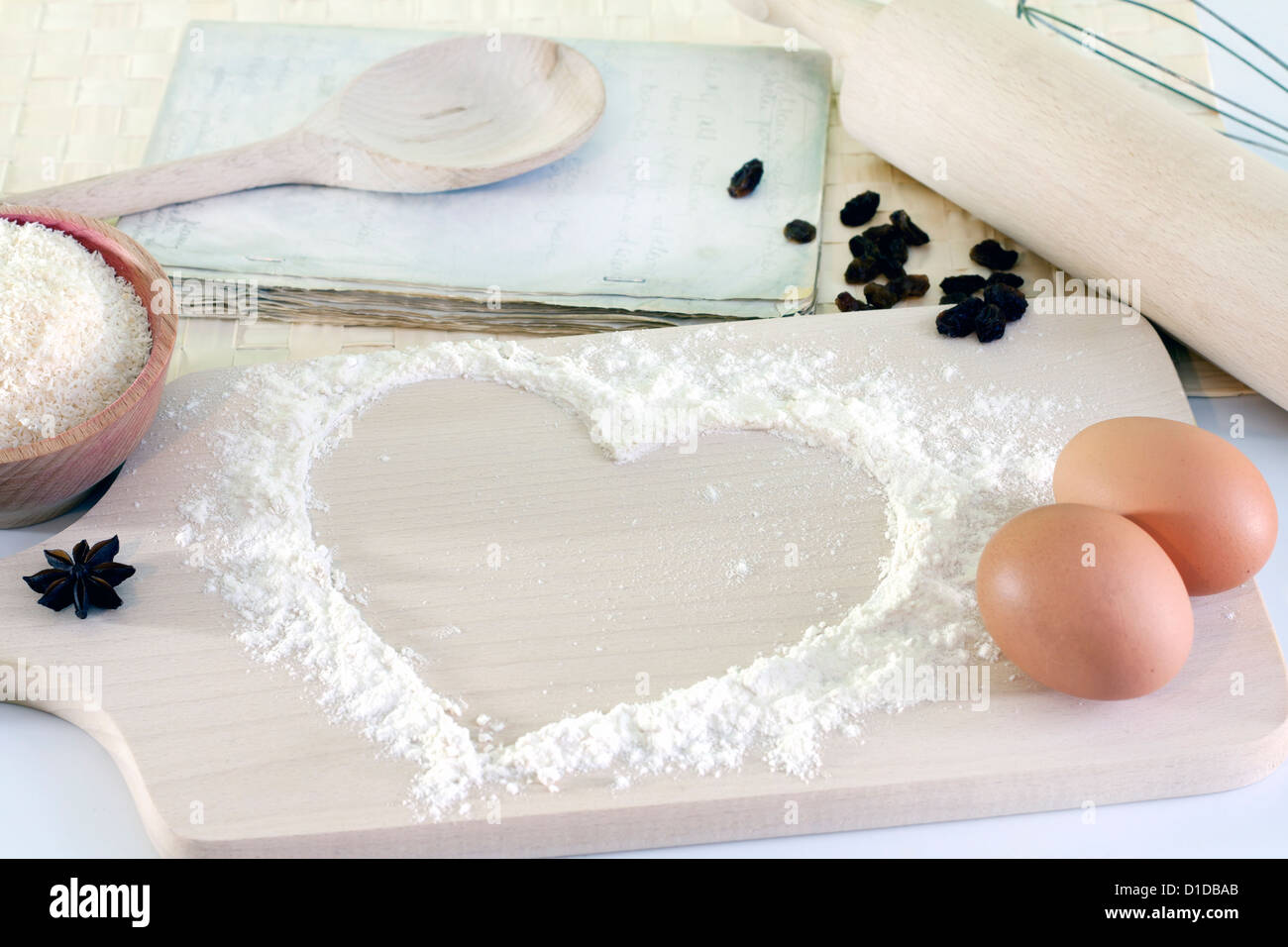 Heart of the flour baking background concept with recipe Stock Photo ...