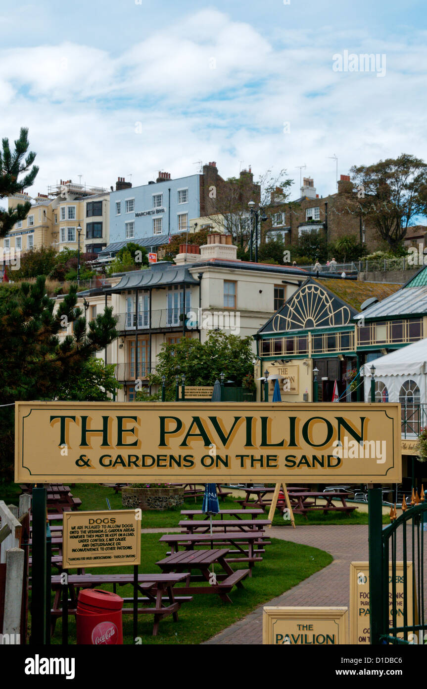 Sign for The Pavilion & Gardens on the Sand in Broadstairs, Kent Stock ...