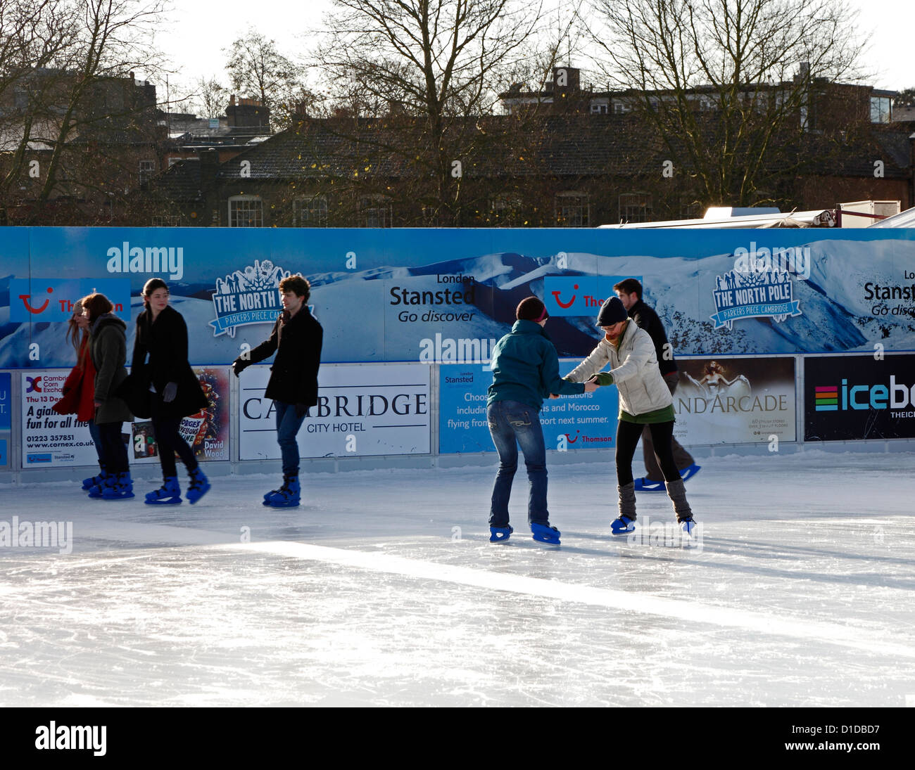 Learning to ice skate on temporary mobile ice rink on Parkers Piece ...