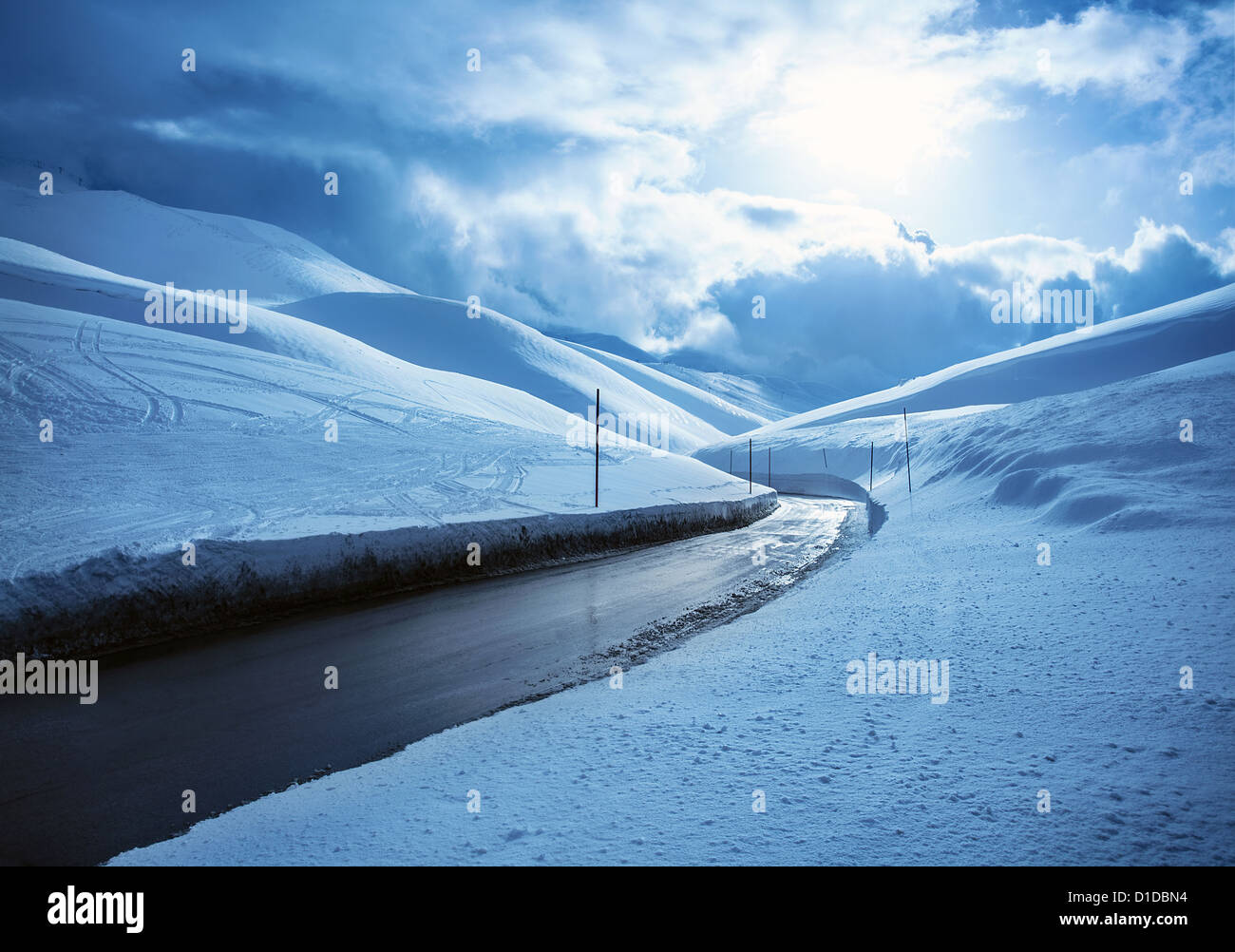 Picture of beautiful snowy highway, black clean asphalt road in ...