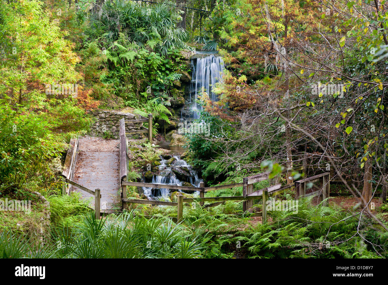 Hiking path and wooden bridge next to man made waterfall in Rainbow ...