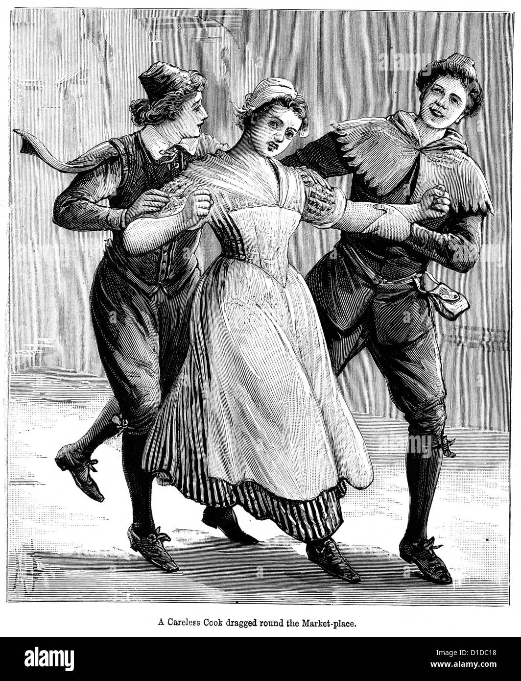 Victorian engraving of two men dragging a careless cook around the ...