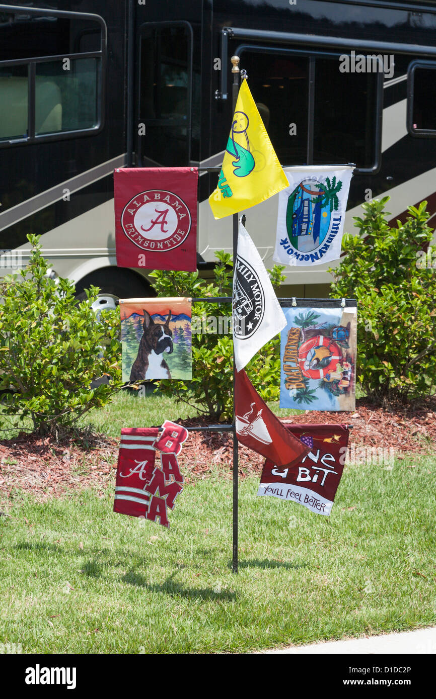 Collection of flags at RV campsite shows owner's alliances and ...