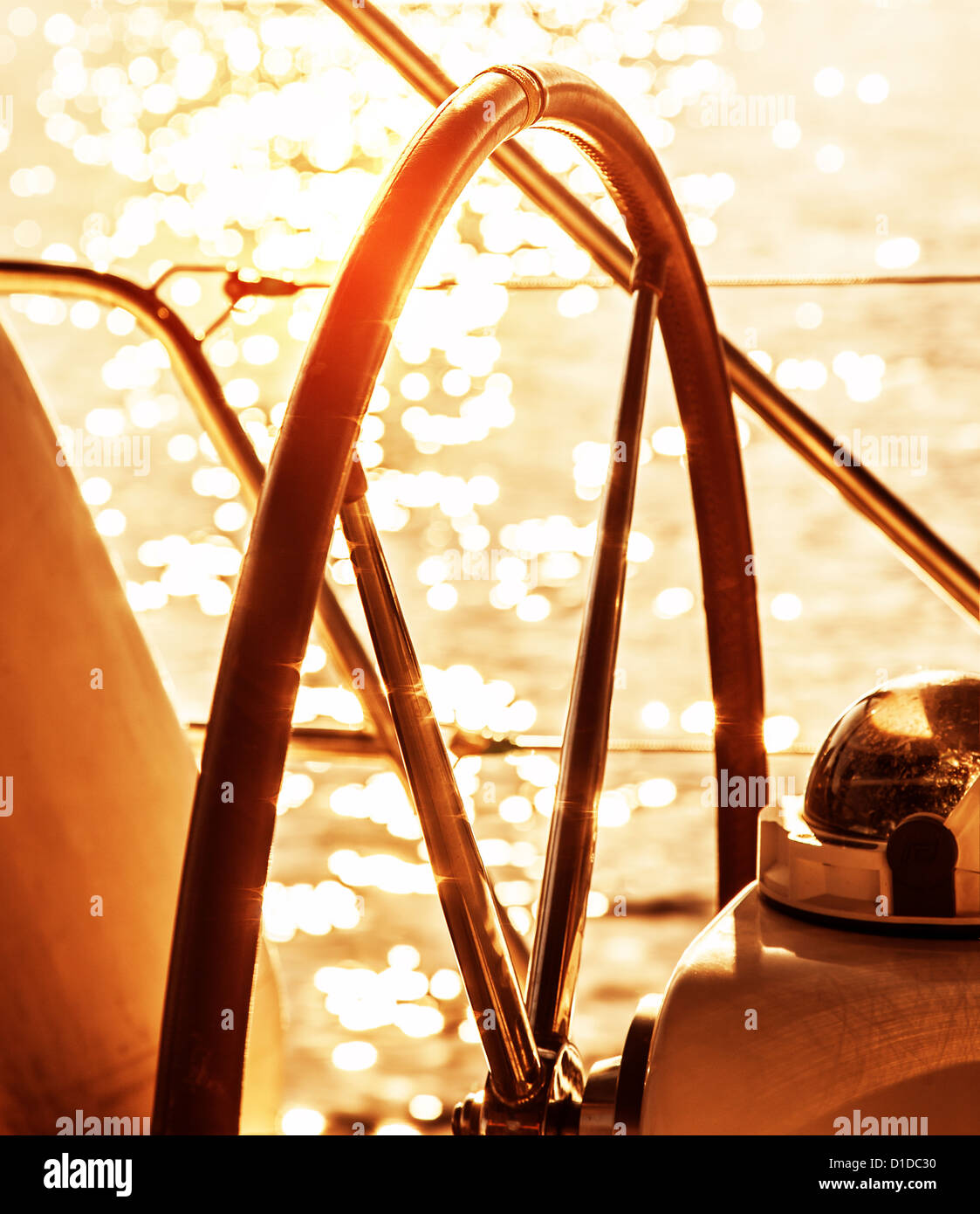 Image of sailboat helm on sunset, steering wheel of yacht, rudder of ...
