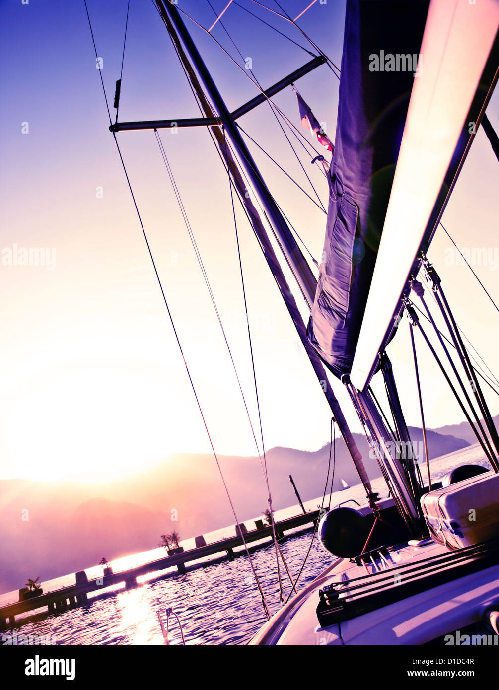 Picture of sailboat on purple sunset, luxury yacht in the sea, romantic ...