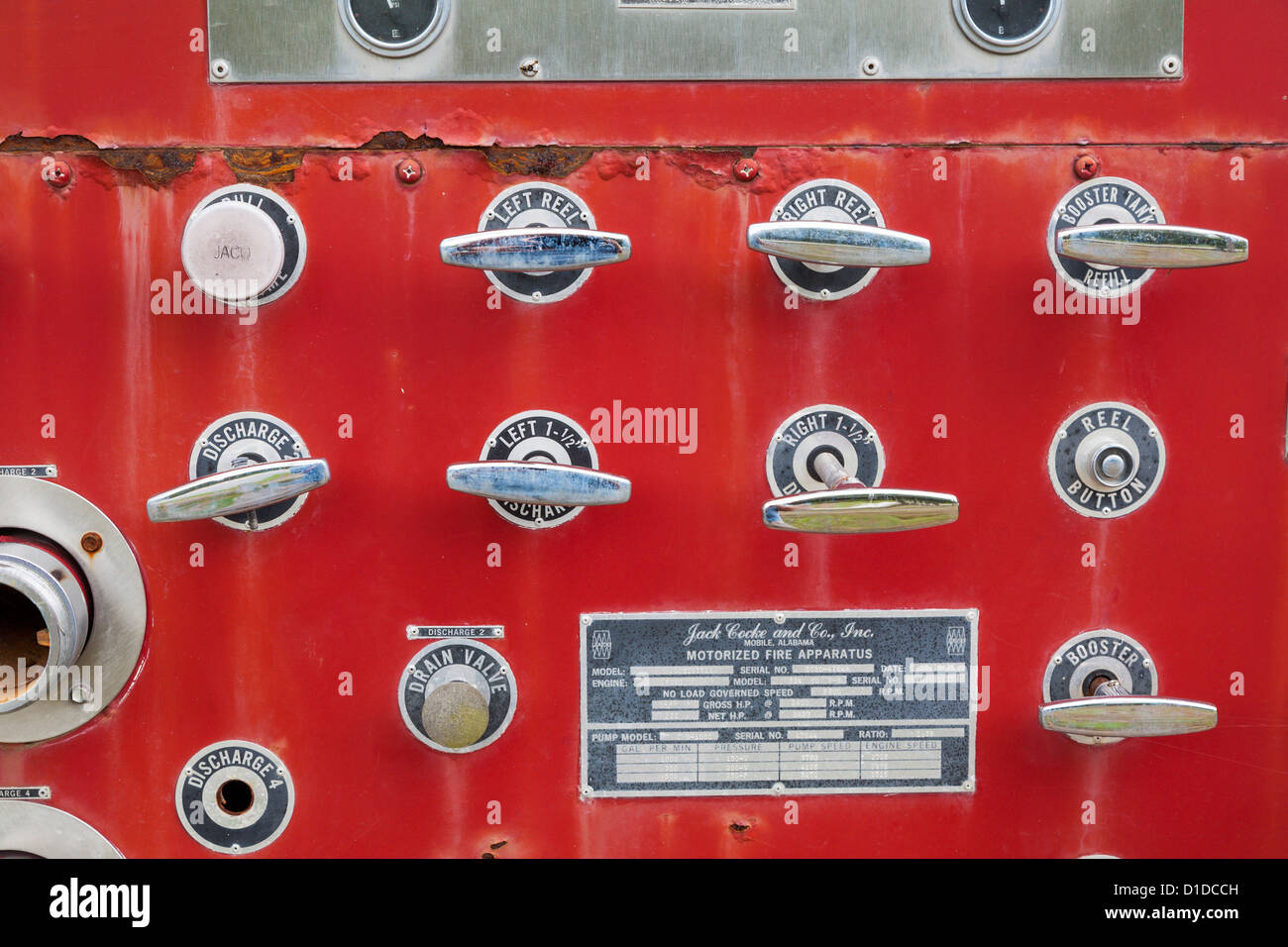 Close-up detail of controls on antique red Ford 900 JACO fire engine ...