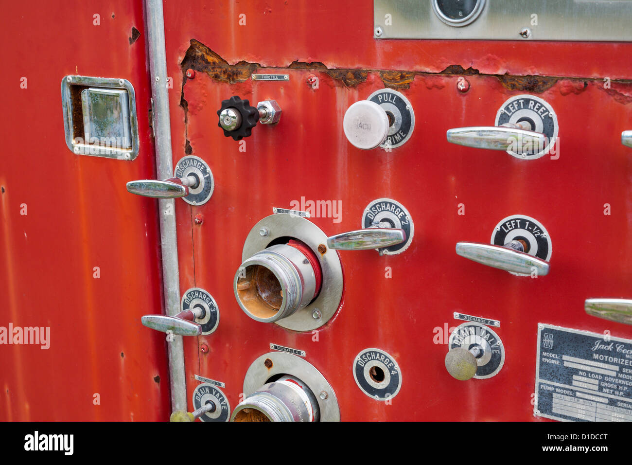Close-up detail of controls on antique red Ford 900 JACO fire engine ...