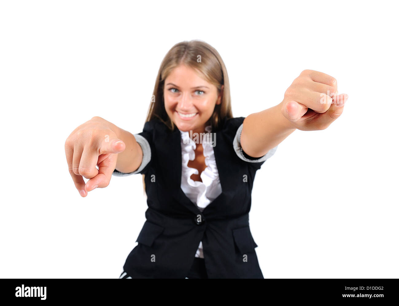 Isolated young business woman pointing Stock Photo - Alamy