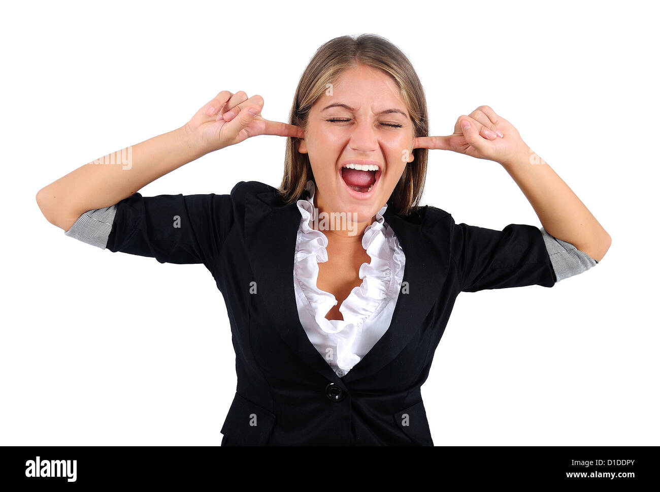Isolated young business woman deaf Stock Photo - Alamy