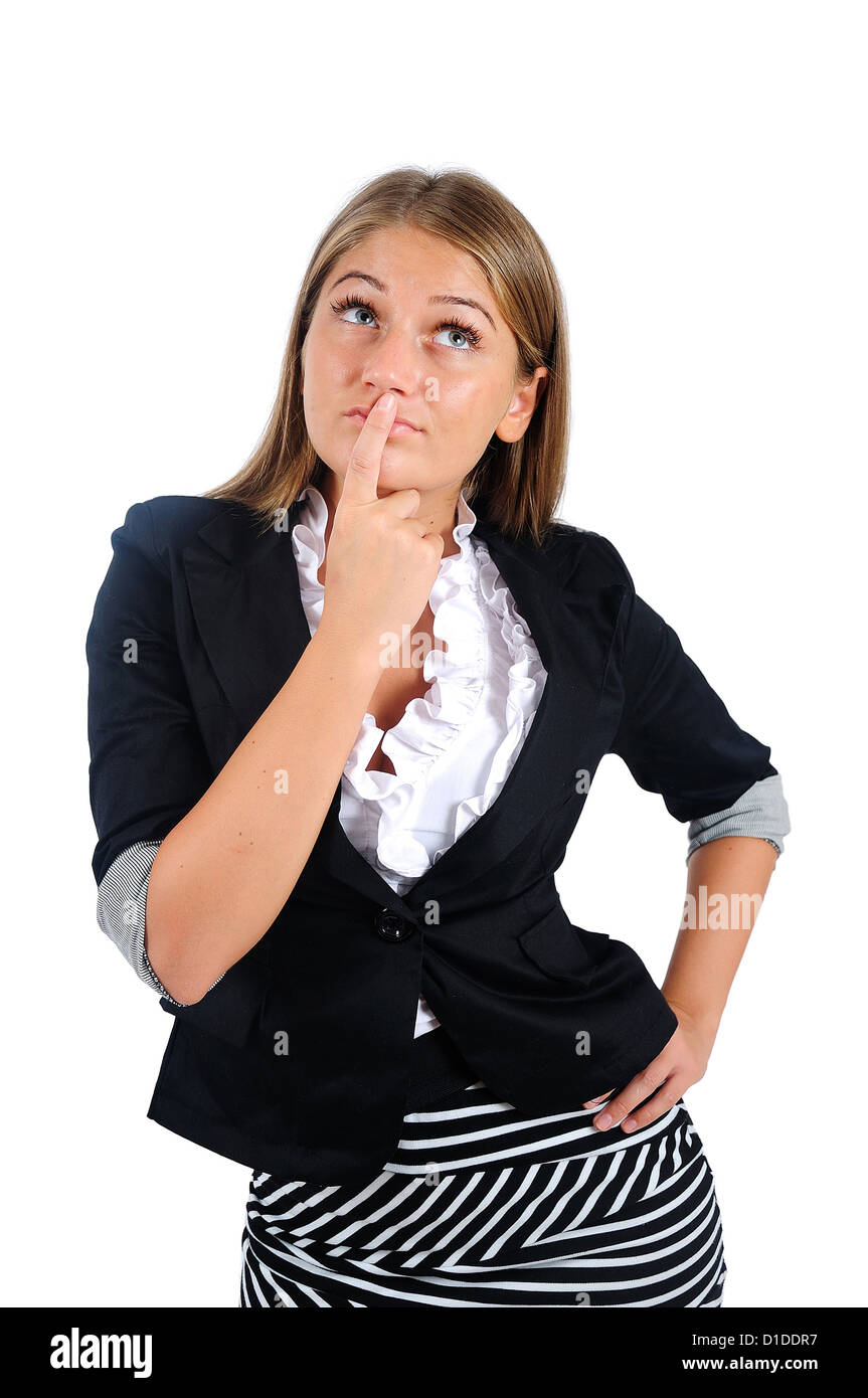 Isolated young business woman thinking Stock Photo - Alamy