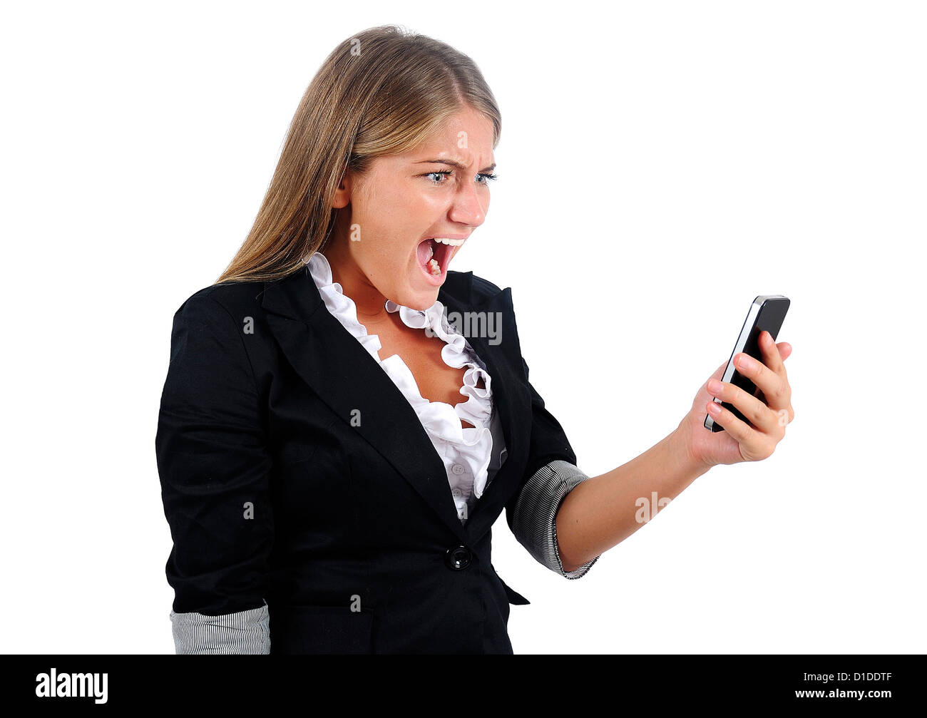 Isolated young business woman screaming phone Stock Photo - Alamy