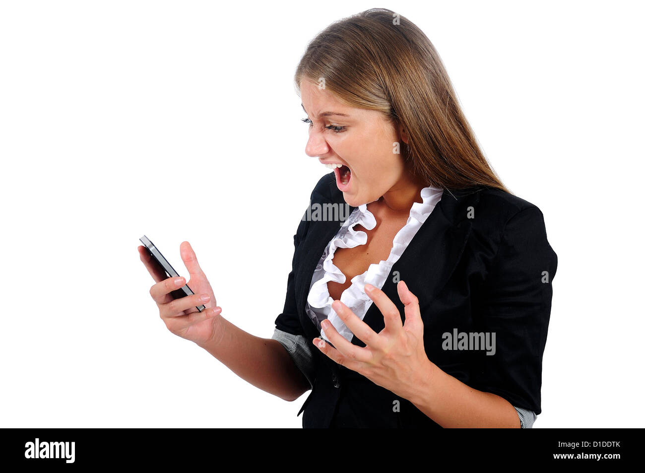 Isolated young business woman screaming phone Stock Photo - Alamy