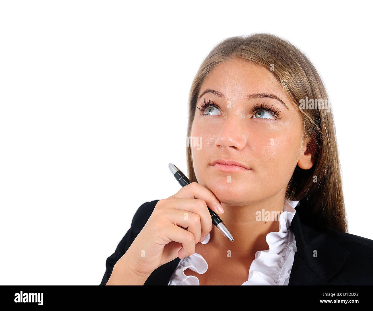 Isolated young business woman thinking Stock Photo - Alamy