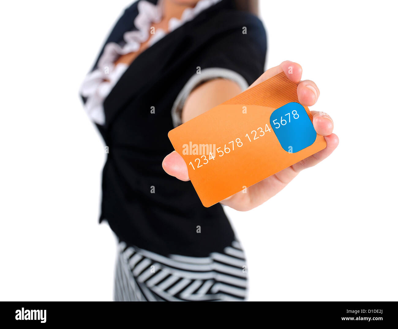 Isolated young business woman giving card Stock Photo - Alamy