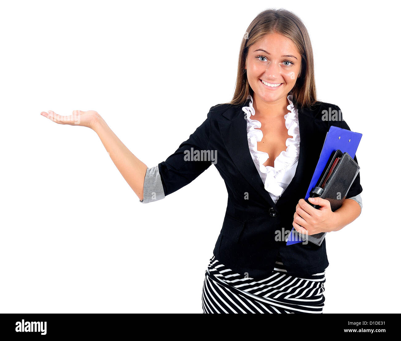 Isolated young business woman presenting Stock Photo - Alamy
