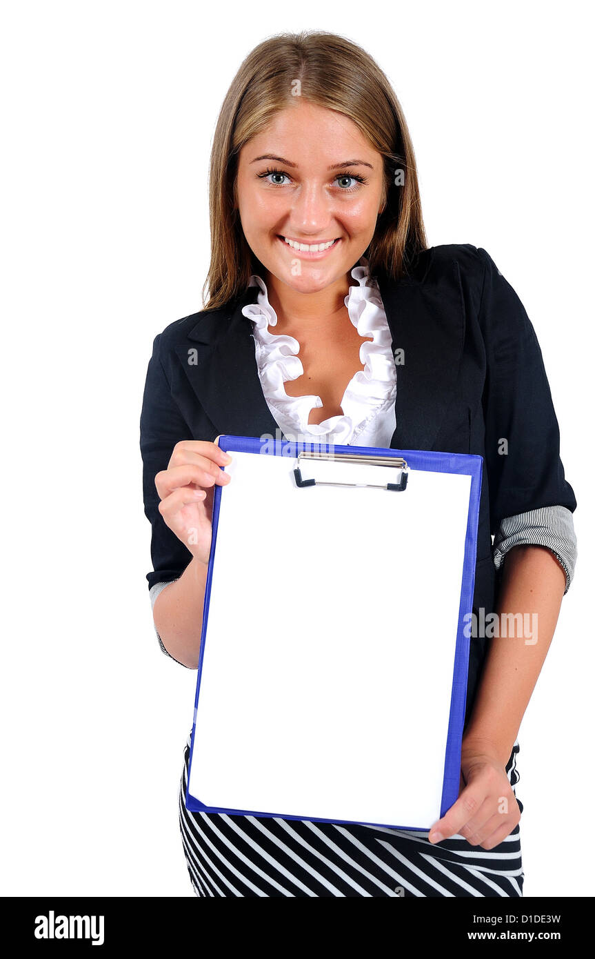 Isolated young business woman showing clipboard Stock Photo - Alamy
