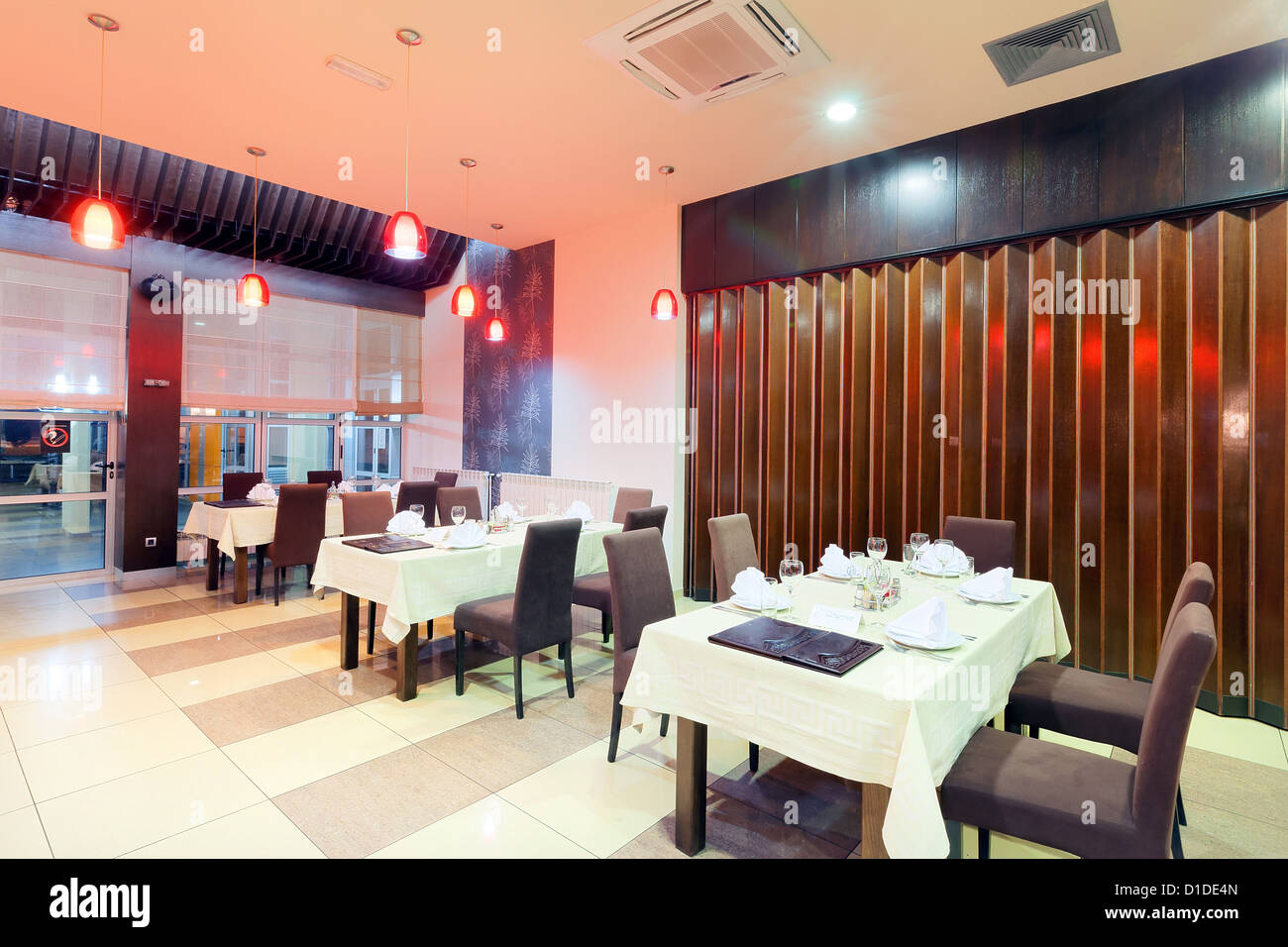 Modern restaurant interior, part of a hotel, night scene Stock Photo ...