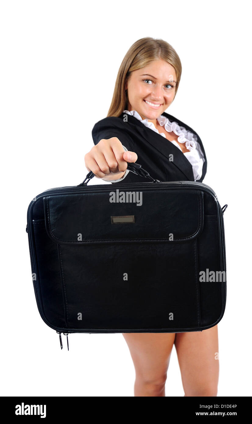Isolated young business woman showing briefcase Stock Photo - Alamy